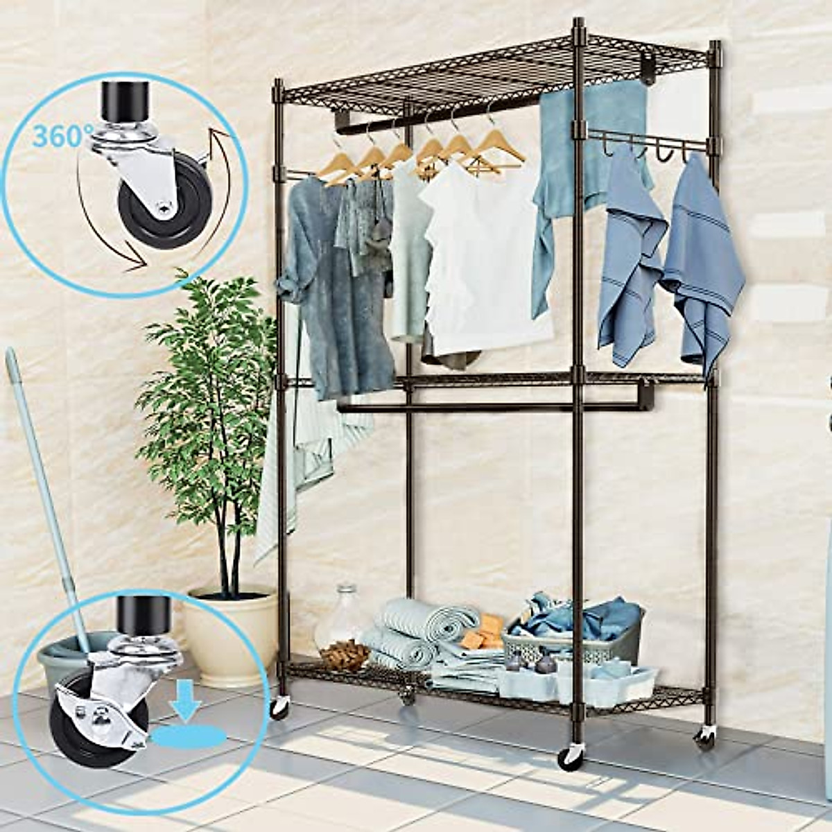 Himimi Heavy Duty Rolling Garment Rack 3 Tier Wire Shelving Clothes Rack for Clothing,Storage with Double Rods,Lockable Wheels and Side Hooks,Freestanding Metal Wardrobe Storage Rack,Black