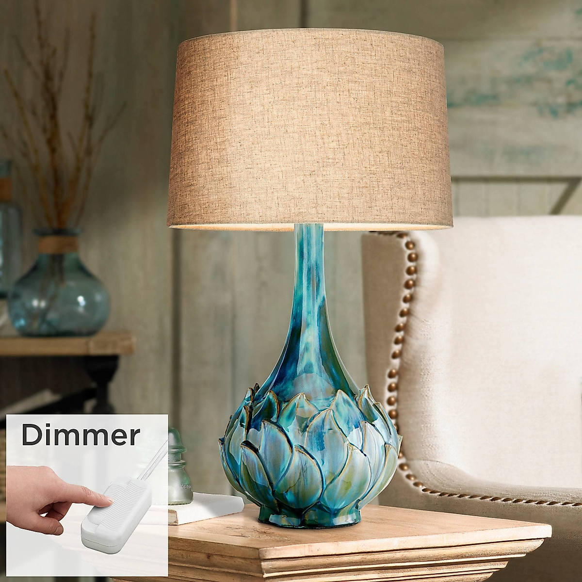 Possini Euro Design Kenya Modern Tropical Table Lamp with Dimmer 29 1/2" Tall Blue Green Glaze Ceramic Beige Linen Drum Shade for Bedroom Living Room House Home Bedside Nightstand Office Family