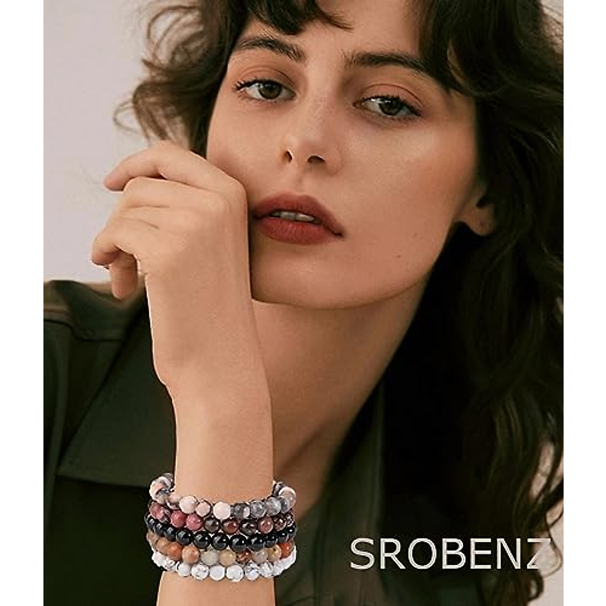 SROBENZ 5PCS Semi-Precious Gemstone Bracelets | Healing Crystal Stone Beaded Bracelets for Women Men 8mm Round Beaded Stretch Bracelets Unisex Stress Relief Yoga Bracelets Gifts(A)