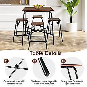COSTWAY 5-Piece Bar Table Set Industrial Counter Height Square Table with 4-Piece Classic Backless Stools Space-Saving Vintage Dining Table Set for Apartment Breakfast Nook Easy Assembly Rustic Brown