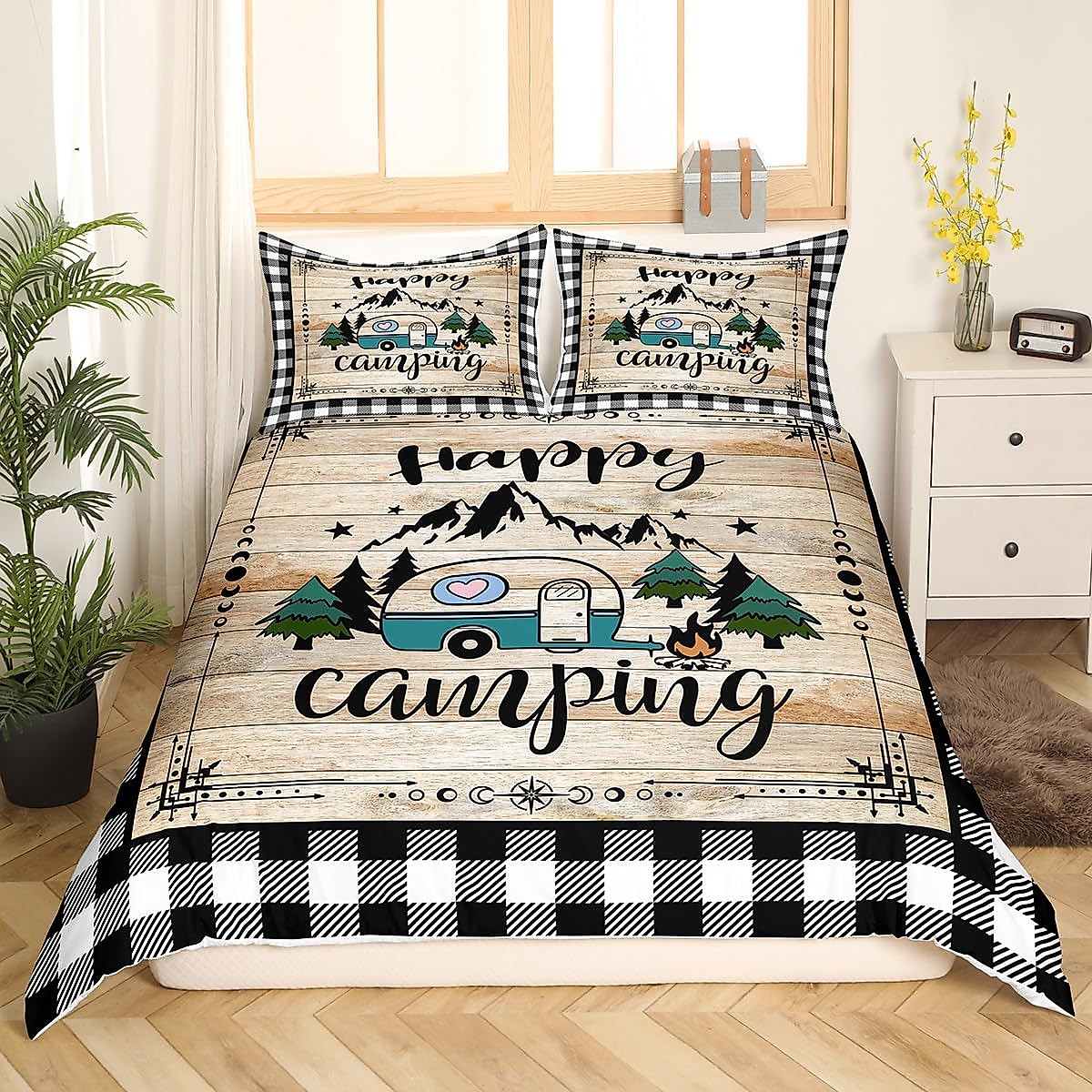Camp Travel Car Duvet Cover Balck and White Buffalo Plaid Queen Bedding Sets for Girls, Camping Decor for Camper Comforter Cover, Vintage Brown Barn Door Plank Cottage Cabin Farmhouse Decor