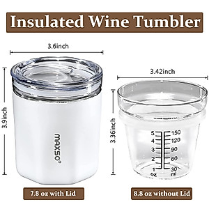 MAXSO Insulated Wine Tumbler with Glass Insert & Sip Lid - Cocktail Whisky Wine Bourbon Gift for Man Woman - 8.8 oz Vacuum Stainless Cup with Stemless Wine Glass Keeps Cold & Hot (White)