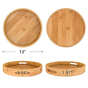 Zhuoyue Round Serving Tray with Handles - Wood Bamboo Decorative Tray for Ottoman, Coffee Table Circle Tray for Food, Cocktail, Drink