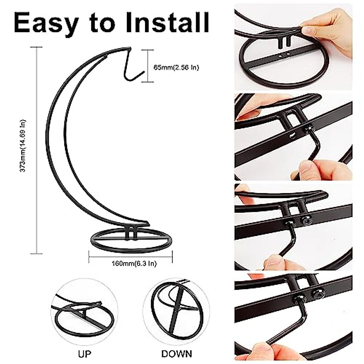 Winmien Banana Holder Stand, Stable Metal Freestanding Banana Hanger with Hook, Moon Shape Modern Banana Storage Design, Keep Fruits Fresh, Banana Keeper for Kitchen Countertop (Black)