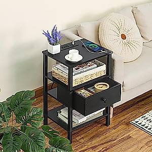 Lerliuo Nightstand with Charging Station and USB Ports, 3-Tier Storage End Table with Drawer Shelf, Night Stand for Small Spaces, Wood Bedside Table for Living Room, Bedroom - Classic Black