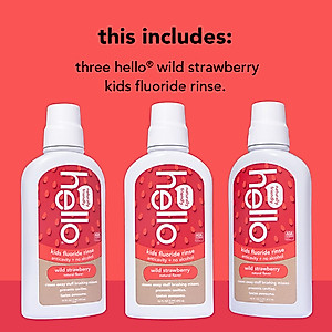Hello Kids Wild Strawberry Natural Flavor Anticavity Fluoride Rinse - Vegan, Alcohol Free, and SLS Free Mouthwash for Children Age 2 and Up - 16 Ounce (Pack of 3)