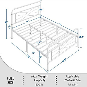 Yaheetech Full Bed Frames Metal Platform Bed Mattress Foundation with Criss-Cross Design Headboard, Ample Underbed Storage Space, Heavy Duty Slat Support, No Box Spring Needed, Full Size White