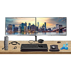 HP Home Office Bundle with 2 x E223 22" Monitors (HDMI, DisplayPort) USB-C Dock - Dual Monitor Stand - Wireless Keyboard and Mouse, Gel Wrist Pad - Surge Protector - 32GB USB Drive and More