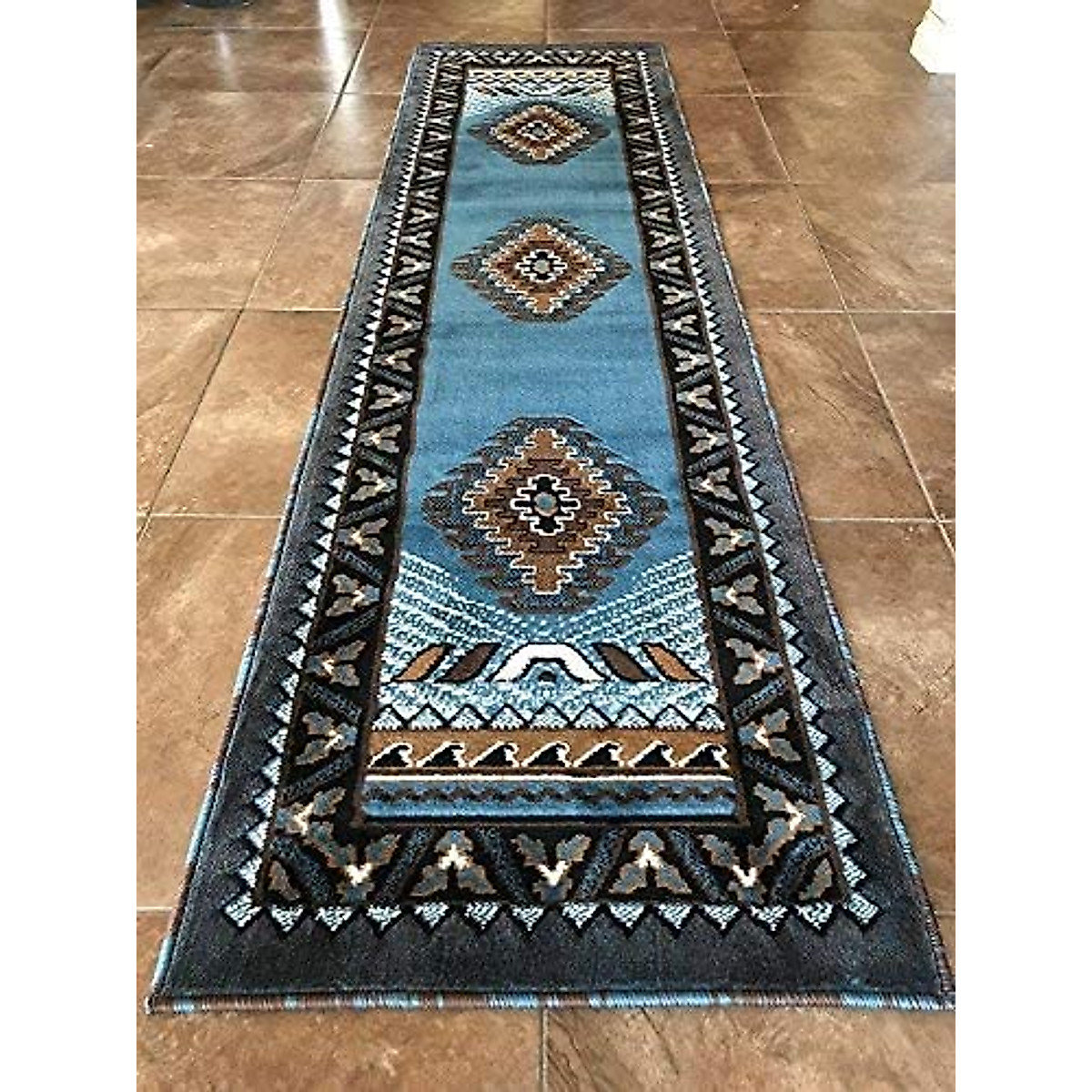 Kingdom Southwest Native American Runner Area Rug Blue & Brown Design D143 (2 Feet X 7 Feet)