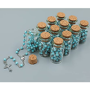 Baptism Favor (12PCS) Holy Communion Rosary in Glass Bottle Jar Recuerdos De Bautizo Quinceanera Christening Recuerdos para Primera Comunion Niña Quinceanera Gift for Guests Blue