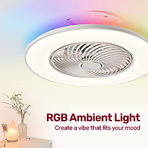 YANASO Hue Ceiling Fan - Bladeless Ceiling Fan with Lights with Alexa/Google Assistant/App Control Color Changing LED-RGB Back Ambient Light for Living Room Bedroom Kitchen,Low Profile(Black)