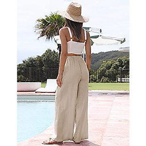 SCUSTY Women's Summer Cotton Linen Wide Leg Pants Drawstring High Waist Palazzo Flowy Beach Trousers with Pockets(Khaki-M)