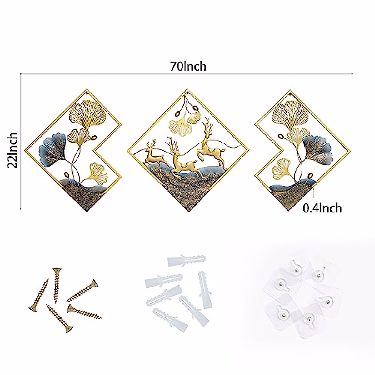 AYOUSENFAN Gold Metal Wall Decor Deer and Leaf Metal Art Wall Decor Design 70x22x0.4 Inch 3D Large Metal Wall Art for Living Room Easy Install Wall Sculptures Home Decor (3Pcs)