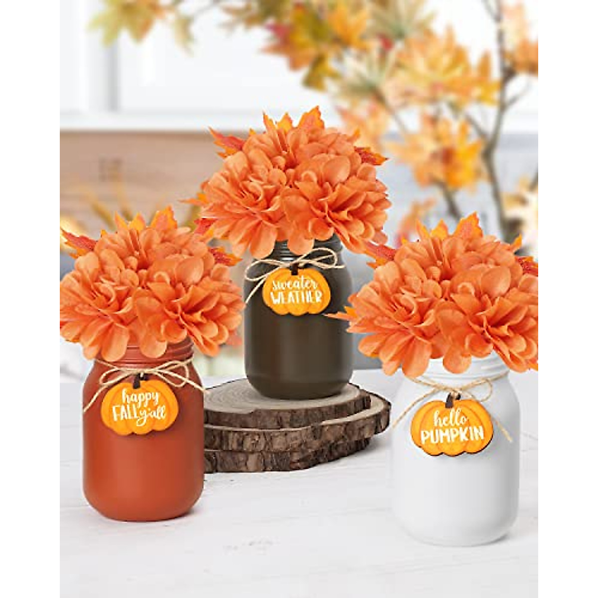 Nefelibata Fall Mason Jar Floral Arrangement Table Centerpiece with Faux Maple Leaves Pumpkins Slices Autumn Farmhouse Decor Tiered Tray Happy Fall Y'all Home Ornaments Set of 3 Orange-White-Brown