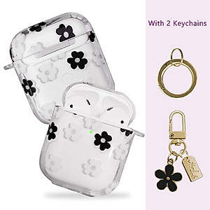 AIIEKZ Compatible with AirPods Case Cover, Soft TPU Case with Cute Flower Pattern for AirPods 2&1 Generation Case with Pendant Keychain and Carabiner for Girls Women (Black)