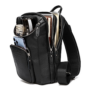 LANNSYNE Men's Vintage Full Grain Leather Sling Bag, Crossbody Chest Daypack fits 10.5" iPad, Black