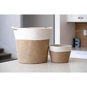 Little Hippo 2pc Large Cotton Rope Basket, White (16"x15") 100% Natural Cotton! Laundry Basket, Woven Storage Basket, Blanket Basket Living Room, Toy Storage Basket, Pillow Basket, Round Basket