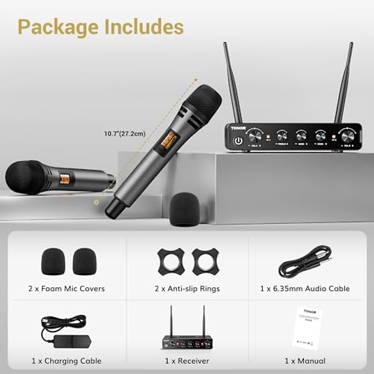 TONOR Wireless Microphone Systems, Dual UHF Cordless Karaoke Microphone Set, Handheld Dynamic Microfono for Singing with Receiver for Home Karaoke, Party, Church, DJ, Wedding, Speech 200ft TW350 Grey