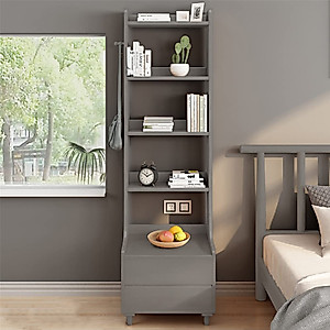 IOTXY Grey Bedside Table Bookshelf - 71" Tall Free Standing Wooden Open Shelf Bookcase with Drawers and 4-Shelves for Bedroom, Bed Side End Table, Nightstand