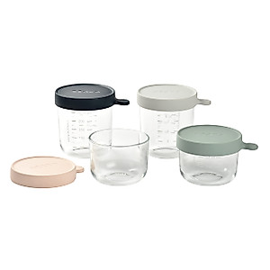 BEABA Glass Baby Food Container with Lid Set of 4, Glass Food Storage Containers with Airtight Lid, Baby Food Glass Jars, Baby Essentials, Freezer Microwave Safe, 5 and 8 oz Jars, (Eucalyptus)