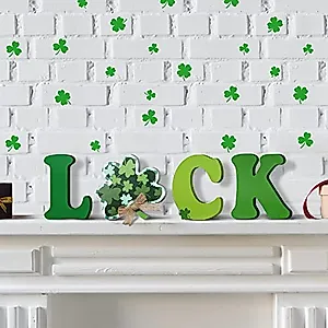 4 Pieces St. Patrick's Day Decorations Lucky Letter Wooden Table Signs Shamrock Table Centerpiece for Gift Tabletop Desk Party Home Tray Decor