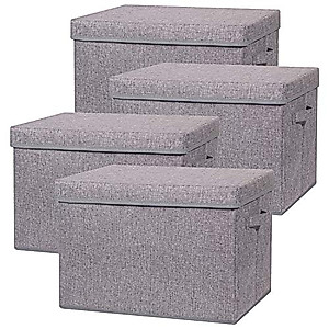 4 Pack Large Foldable Storage Box with Lids [16.5x11.8x11.8] Fabric Storage Cube Organizer Cloth Containers Linen Bins Baskets for Closet Clothes Clothing Bed Room