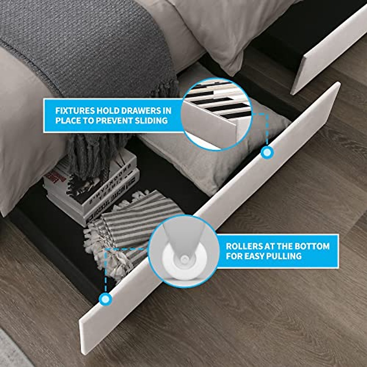 Mjkone Queen Platform Bed Frames with 4 Storage Drawers, Velvet Upholstered Bed Frame Has Adjustable Button Tufted Headboard, No Box Spring Needed/Easy Assembly/No Mattress (Beige, Queen Size)