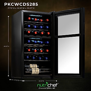 NutriChef PKCWCDS285 Compressor Cooler Refrigerator Cooling System | Large Freestanding Wine Cellar Fridge For Red White Champagne or Sparkling, Glass Door, 28 Bottle Dual Zone-Black