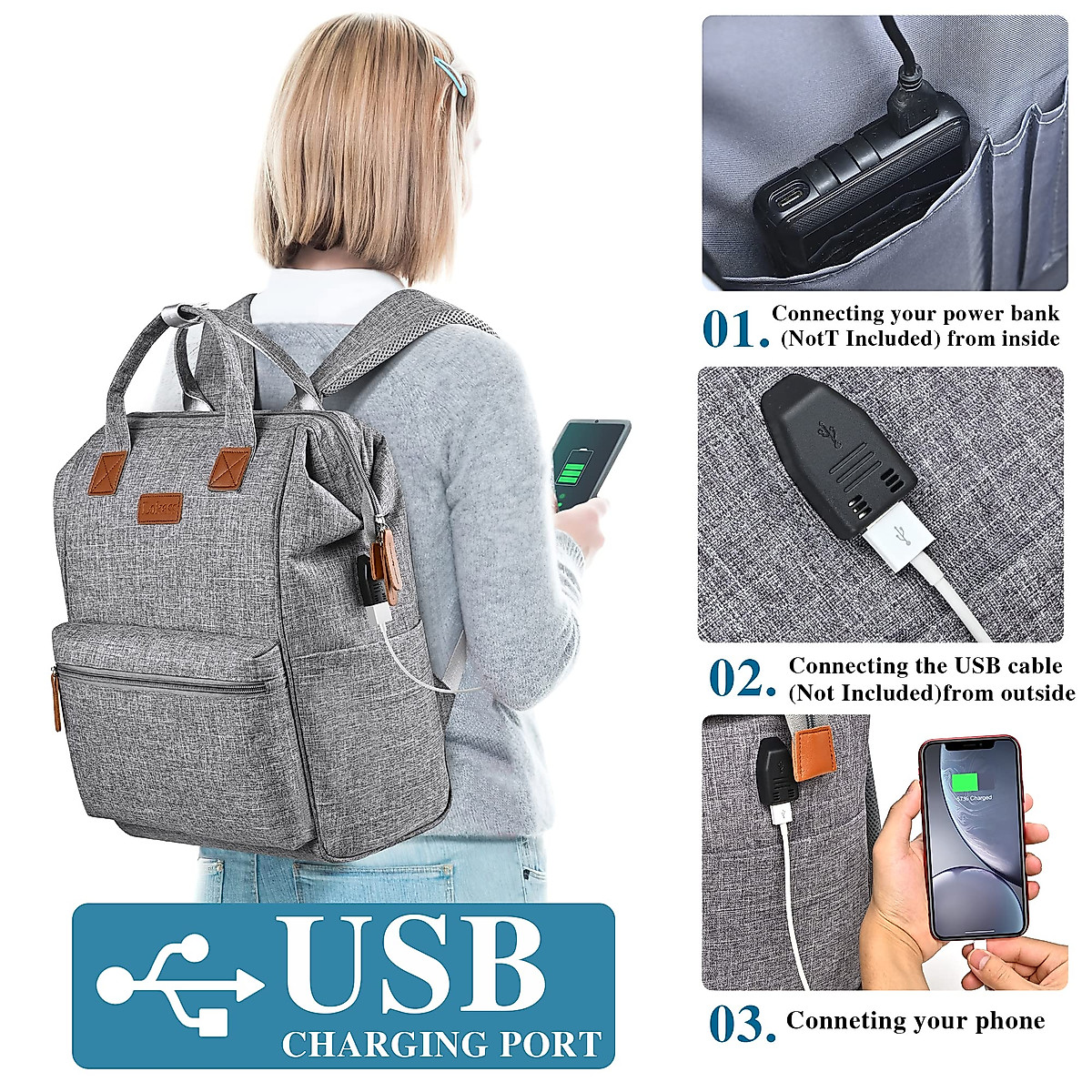 BRINCH Laptop Backpack for Women Men, Personal Item Travel Bag for 15.6 Inch Computer with USB Charging Port Water Resistant College School Nurse Backpack Bag Carry On Bookbag for Work/Business,Gray