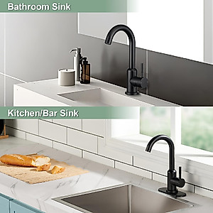 Black Bathroom Faucet, Single Handle Bathroom Sink Faucet Wet Bar Pre-Kitchen RV Small Vanity Faucet with Deck Plate, Supply Hoses and Drain Stopper Psygee