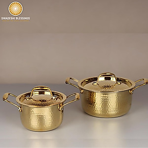 Swadeshi Blessings Exclusive Range Brass Pot for Cooking with Lid/Teflon-Free/Naturally Non-Stick Brass Utensils with Tin Coating (1 Litres)