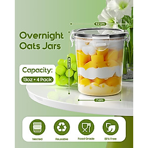 Canfanni Overnight Oats Container with Lids, 4 Pack 13oz Overnight Oats Jars, Plastic Mason Jars, BPA Free, Portable, Leak Proof Oatmeal Containers for Yogurt, Soup, Cereal, Milk and Salad