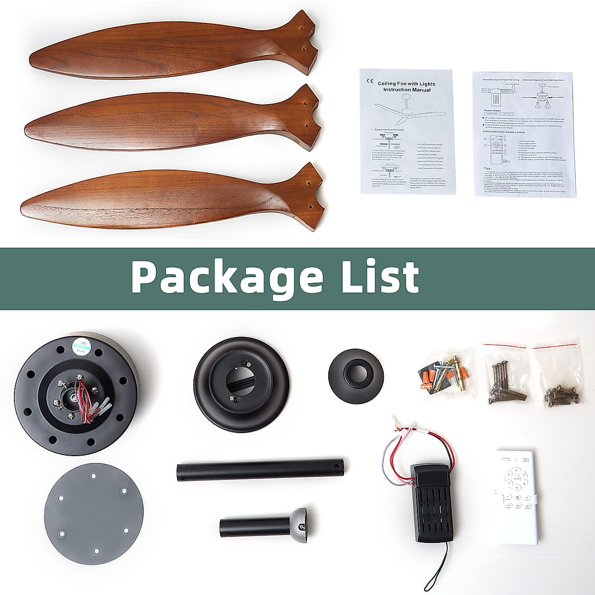 MUNJUN 52inch Wood Ceiling Fan without Light Remote Control,DC Motor Noiseless Low Profile Reversible Ceiling Fan with 3 Blades Indoor Outdoor for Patio,Bedroom,Living Room(Deep Walnut Blades)