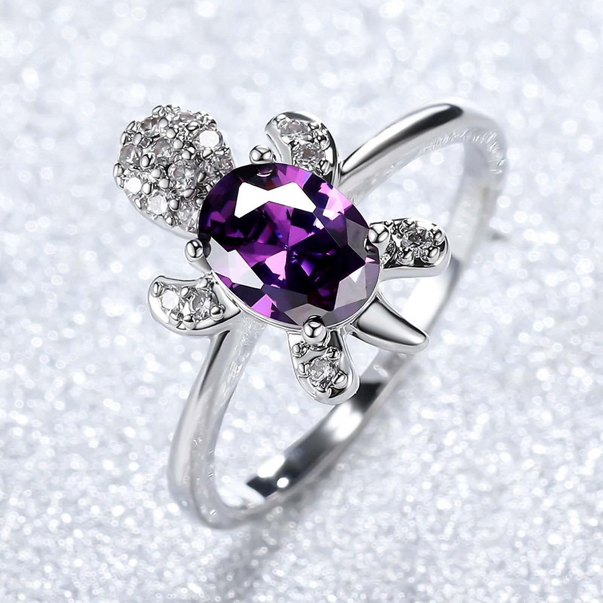 oAtm0eBcl Silver Turtle Animal Ring for Women Girl. Oval Cubic Zirconia Halo CZ Knuckle Rings Wedding Bands Promise Rings for Women,Blue,US 7