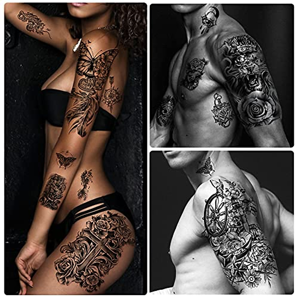 49 Temporary Tattoos Waterproof for Men and Women, 3D Realistic Half Arm Fake Tattoos, Floral Animal Peony Rose Butterfly Tiger Snake Tattoo Stickers for Teens Girls Body Hand Shoulder Chin