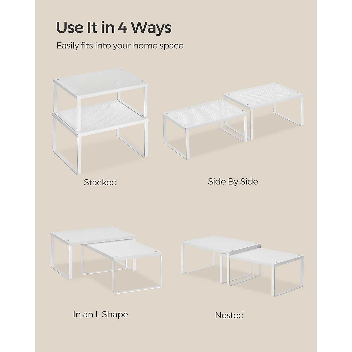 SONGMICS Spice Rack, Cabinet Shelf Organizers, Shelf Organizer, Countertop Organizer, Shelf Riser, Stackable, Expandable, Set of 4 Metal Kitchen Counter Shelves, White UKCS006W01