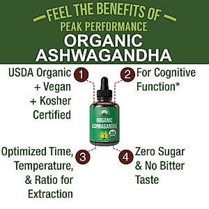 Ashwagandha Liquid Drops. USDA Organic Vegan Supplement. Extra Strength Ashwagandha Root Extract For Women, Men, Kids. With Adaptogens. Zero Sugar, Organic, Gluten Free Tincture Supplements.