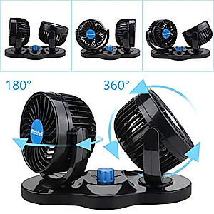 Jhua 12V Electric Car Fan 360 Degree Rotatable 2 Speed 4in Dual Head Car Auto Cooling Air Circulator Fan Quiet - Cigarette Lighter for Van SUV RV Boat Auto Vehicles Golf (Black