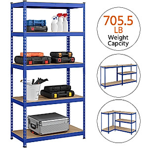 Topeakmart 4PCS 5-Tier Utility Shelves, Metal Storage Shelves Garage Shelving Unit Adjustable Garage Storage Shelves Storage Racks Heavy Duty Shed Shelving- Blue, 35.5 x 17.5 x 72 Inch