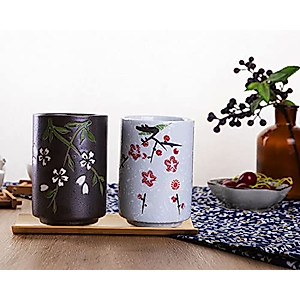 WHJY 10oz Transitional Chinese/Japanese style Handle-less Ceramic Tea cups teacup, Flora Pattern Set of 2