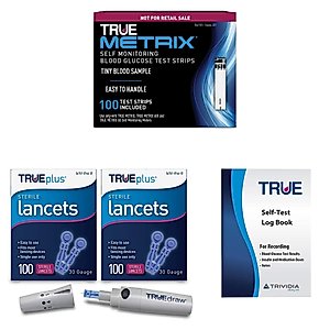 1x 100ct TRUE METRIX Test Strips + 2X 100ct 30g TRUEplus Lancets + TRUEplus Lancing Device + TRUEplus Log Book