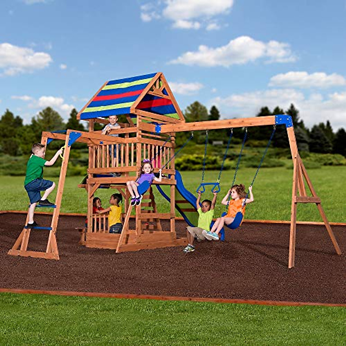 Backyard Discovery Beach Front All Cedar Wooden Swing Set, Large Upper Deck with Canopy, Ships Wheel, Play Telescope, Sandbox, Snack Bench, Rock Wall