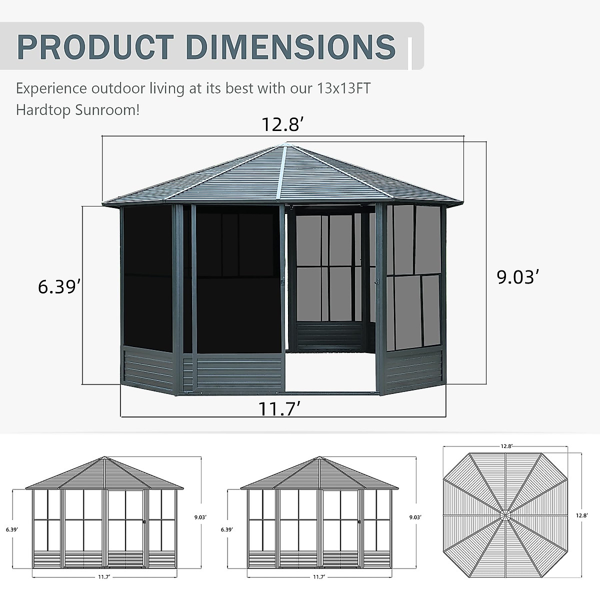 Domi 13x13FT Sunroom, Octagonal Solarium Aluminum Hardtop Gazebo with Galvanized Steel Roof, Detachable PE Screen, Sliding Door, Sun Room Pavilion Gazebo for Deck Backyard Garden
