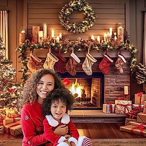 VitalCozy Christmas Fireplace Backdrop Christmas Xmas Tree Stocking Polyester Background Decoration for Photo Studio Props (7 x 5 ft)