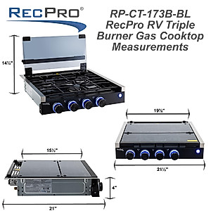RecPro RV Built In Gas Cooktop | 2 Burner or 3 Burner | RV Cooktop Stove | 6,500 and 8,000 BTU Burners | Cover Included (Black, 3-Burner)