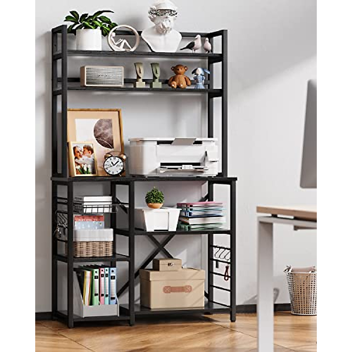 Gizoon Home Kitchen Baker's Rack with Spacious Storage, 5 Tier Versatile Microwave Stand Shelf with Basket & Side Hooks,Free Standing, Sturdy, Durable-Black