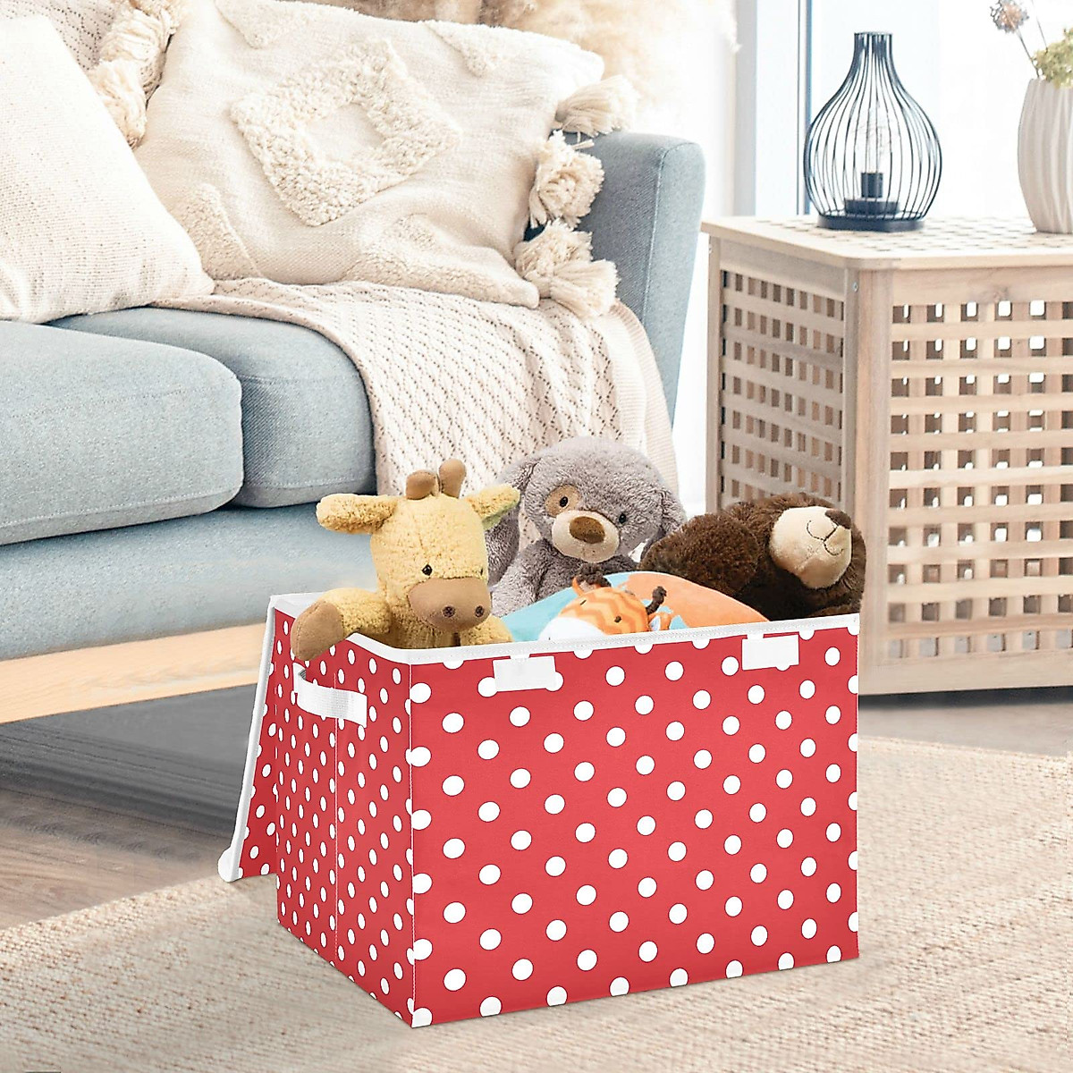 Kigai Storage Basket Red and White Polka Dot Storage Boxes with Lids and Handle, Large Storage Cube Bin Collapsible for Shelves Closet Bedroom Living Room, 16.5x12.6x11.8 In