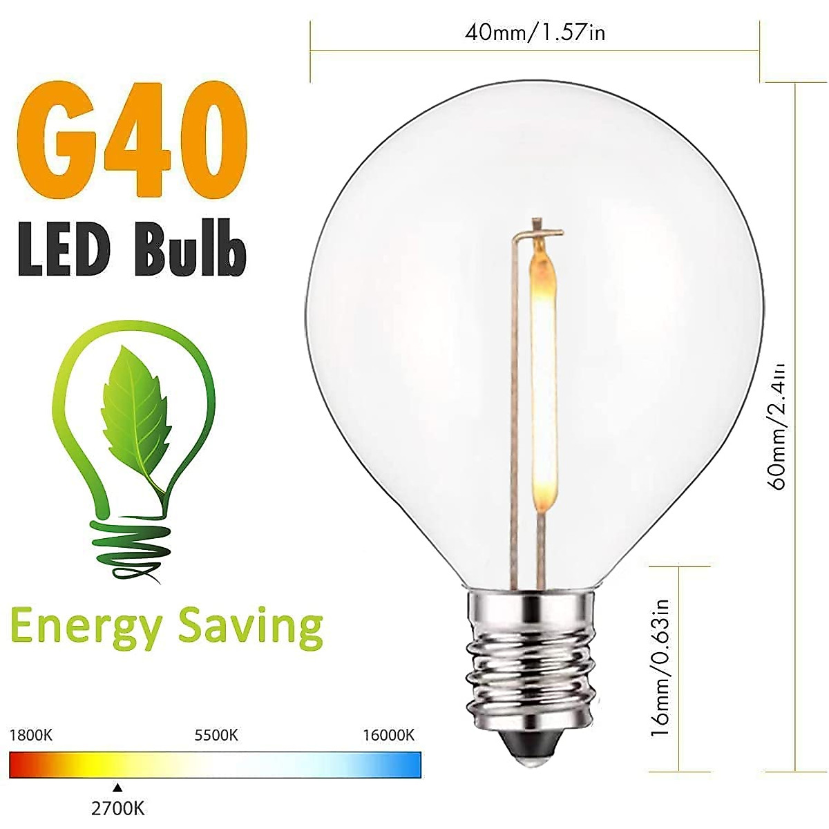 25 Pack G40 LED Replacement Bulb E12 Screw Base LED Globe Light Bulbs for Patio String Lights, Equivalent to 0.6-Watt Clear Light Bulbs