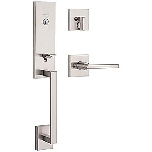 Kwikset Vancouver Front Door Lock Handle and Deadbolt Set, Entry Handleset Exterior with Interior Reversible Lever, Satin Nickel, Pick Resistant SmartKey Rekey Deadbolt Security