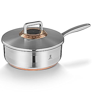 RD ROYDX Stainless Steel Deep Saute Pan With lid Copper Core 10 Inch Tri-ply Impact-bonded Base Technology Frying Pans for Cooking